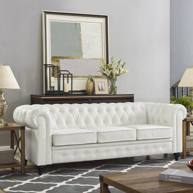 Bendjy 88 in Chesterfield Button Tufted Couch Upholstered Sofa with Arms Modern Leather Couch Sofa Alcott Hill Leather Type White Faux Leather